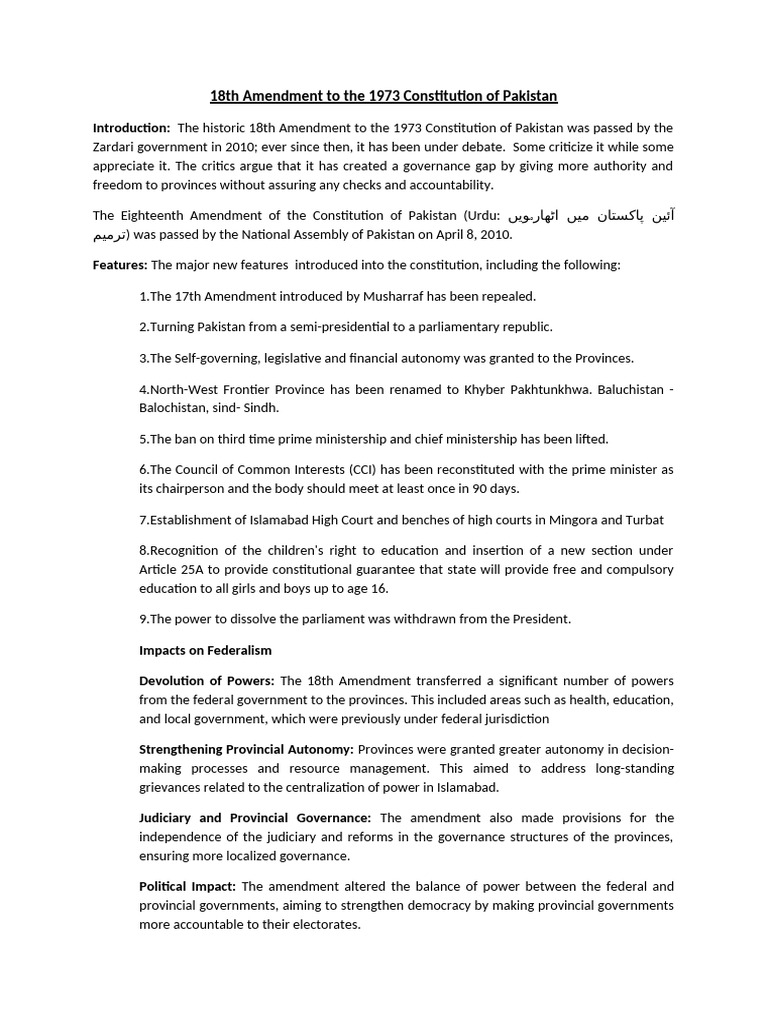 18th Amendment: Impact on Pakistan's Federalism | PDF | Pakistan ...