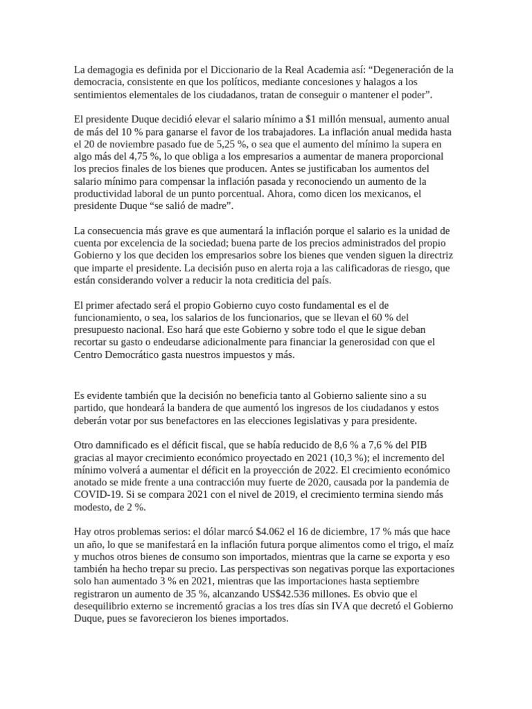Consecuencias de la Demagogia en Colombia | PDF | Inflación | Salario