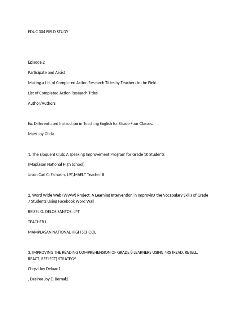EDUC 304 FIELD-WPS Office | PDF | Reading Comprehension | Teachers