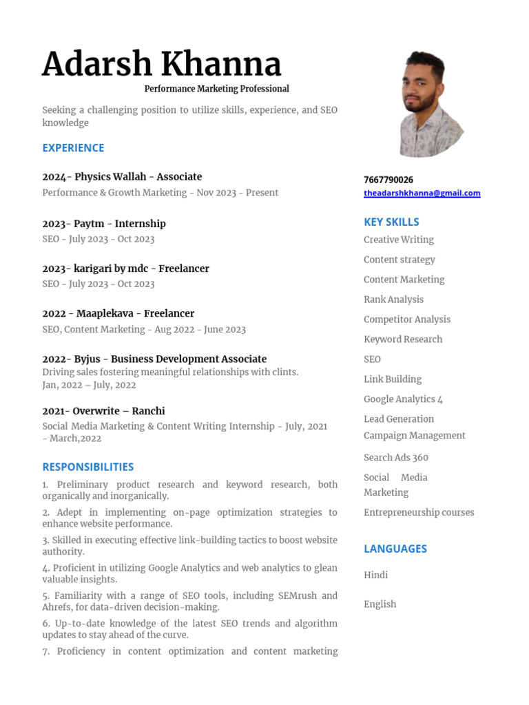 Adarsh Khanna - Resume | PDF | Search Engine Marketing | Search Engine Optimization