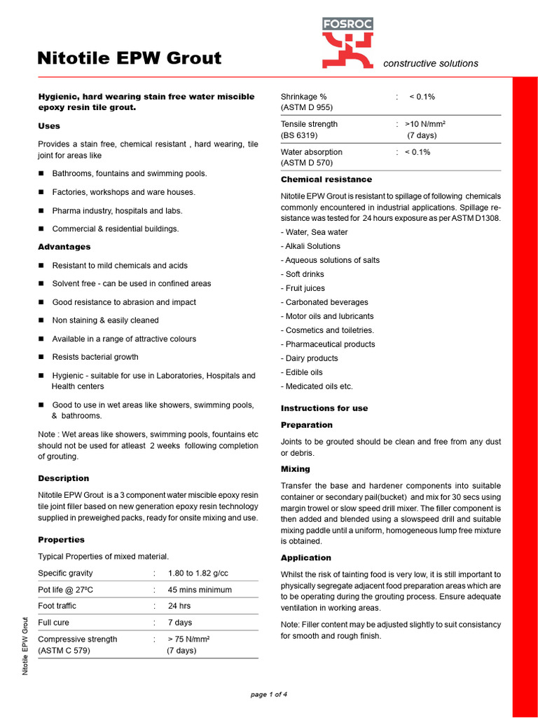 Nitotile EPW Grout: Stain-Free Epoxy Solution | PDF | Shelf Life | Water