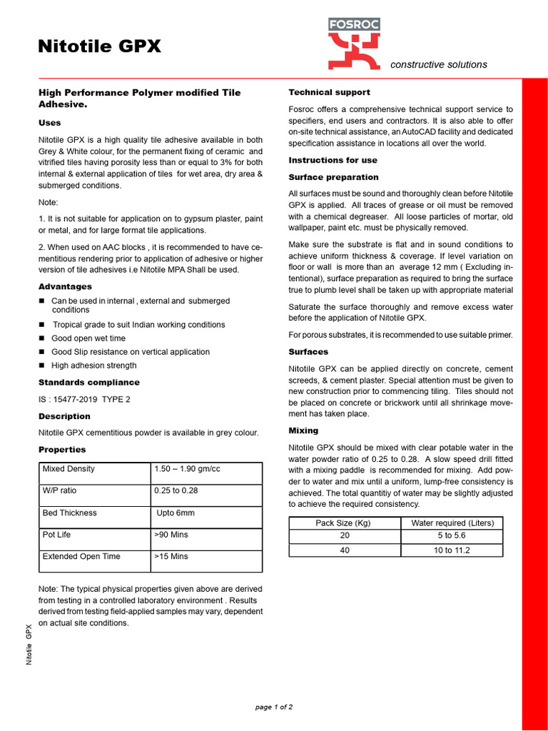TDS Nitotile GPX India9 | PDF | Adhesive | Tile