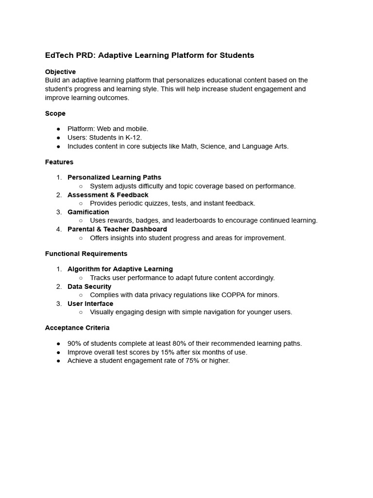 EdTech PRD - Adaptive Learning Platform For Students | PDF
