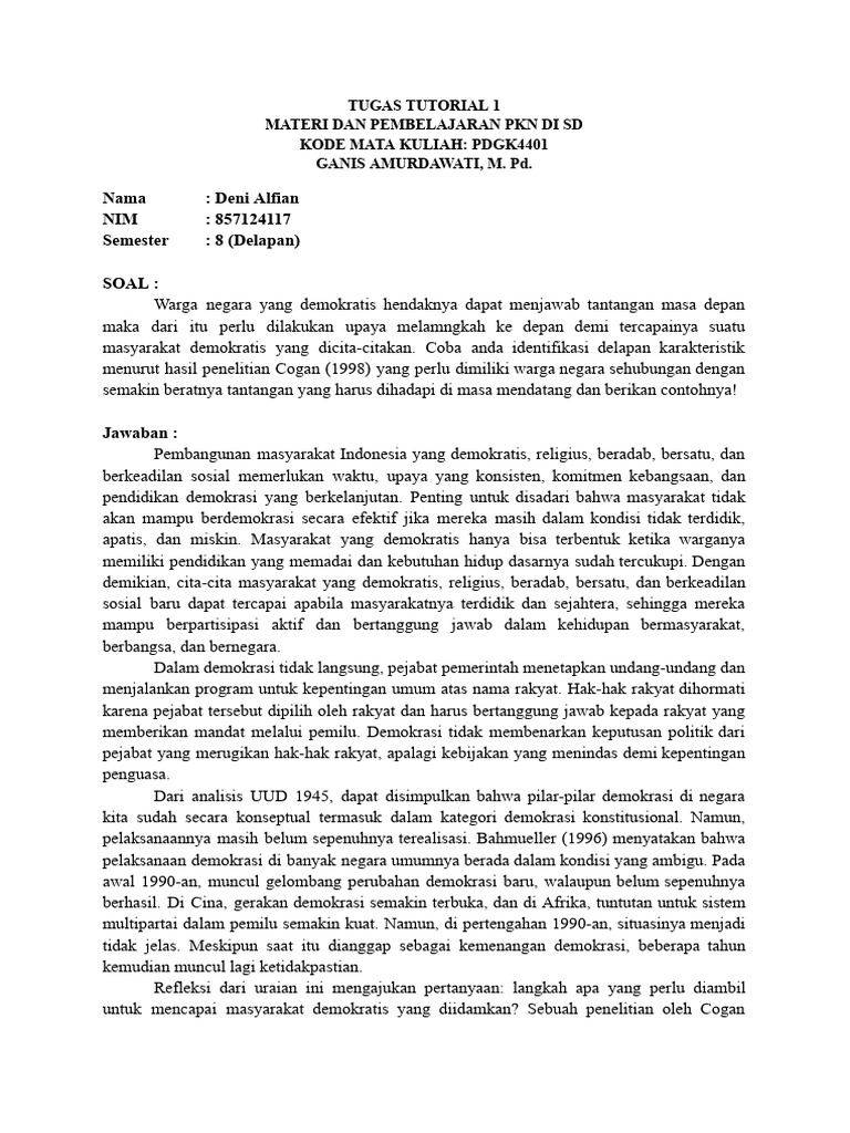 TUGAS TUTORIAL 1 MATERI DAN PEMBELAJARAN PKN DI SD Deni | PDF