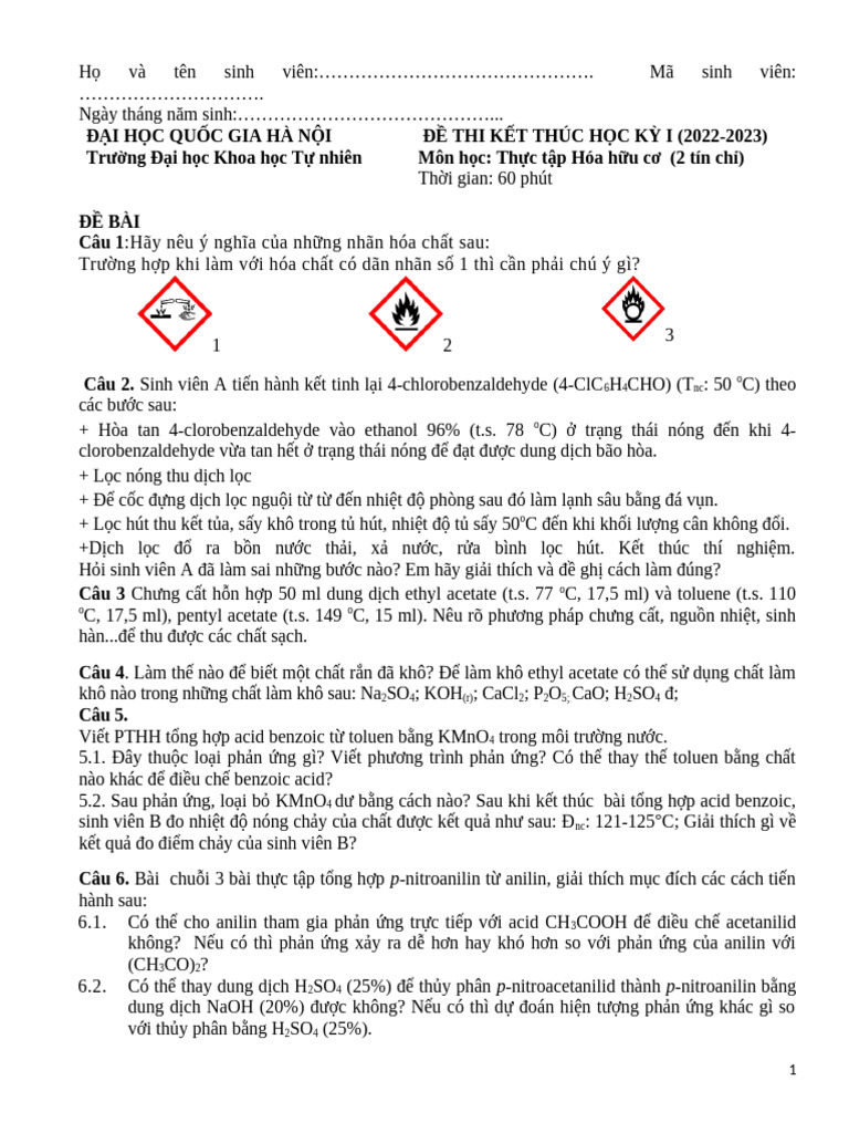 đề thi tt hữu cơ 1 -2023 | PDF