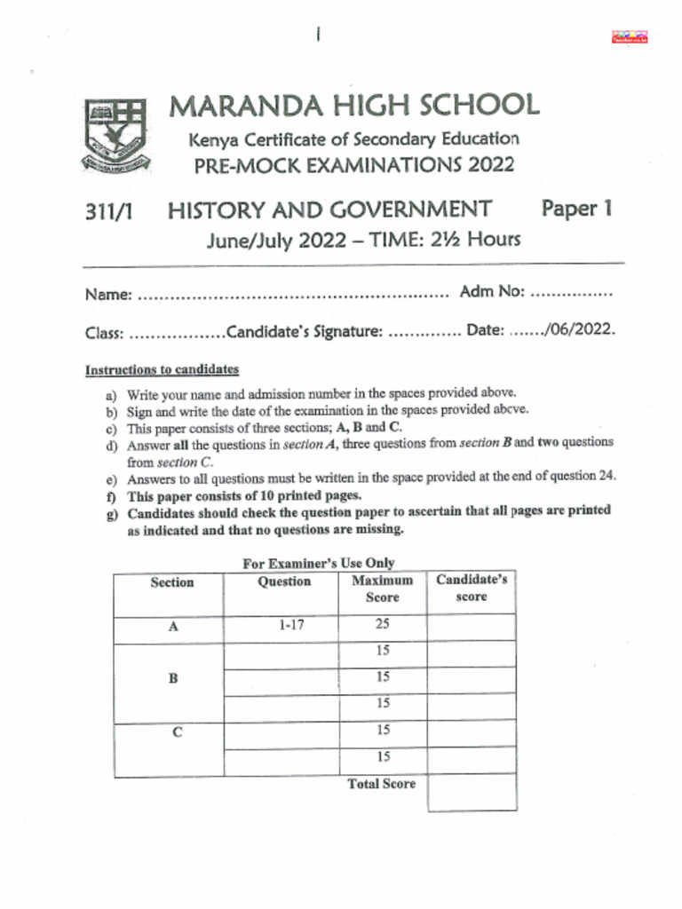 Maranda History - Government Paper 1 Maranda Form 4 End Term 1 Teacher ...