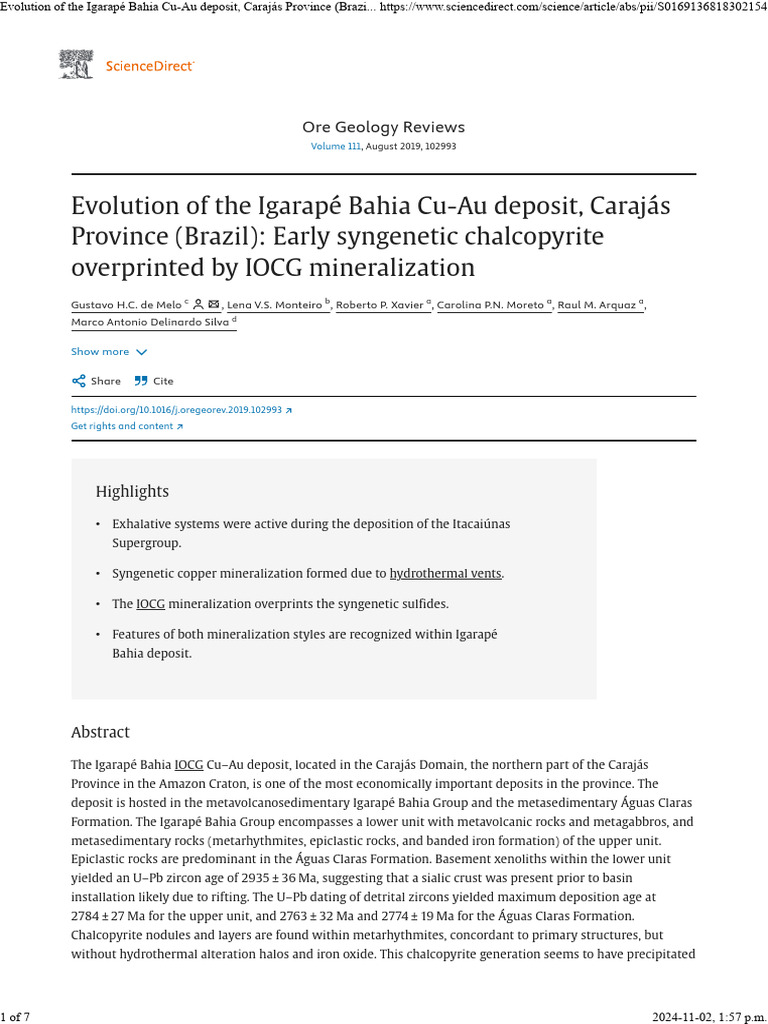 Evolution of The Igarapé Bahia Cu-Au Deposit, Carajás Province (Brazil) : Early Syngenetic ...