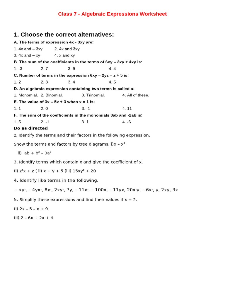 Class 7 Algebraic Expressions Quiz | PDF