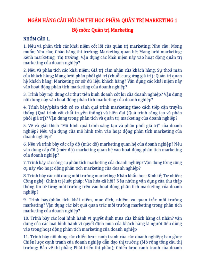 NGÂN HÀNG CÂU HỎI ÔN THI HỌC PHẦN QTM1 | PDF