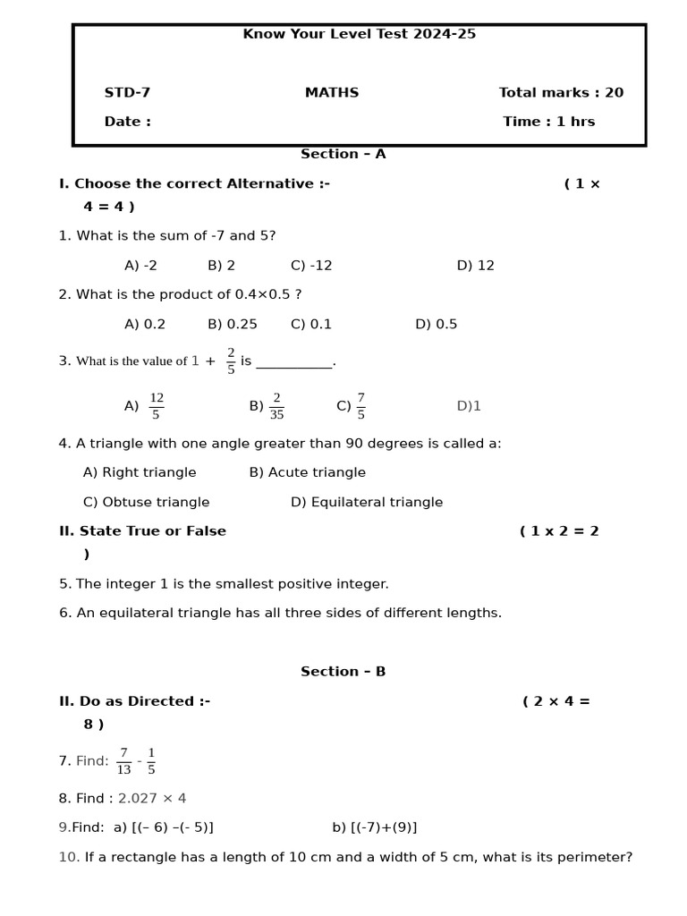 STD 7 Know Your Level Test | PDF