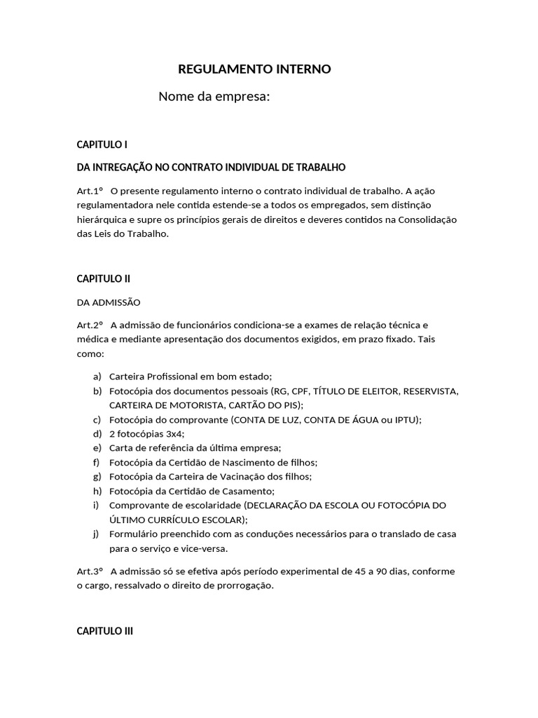 Regulamento Interno Empresas modelo | PDF | Férias trabalhistas