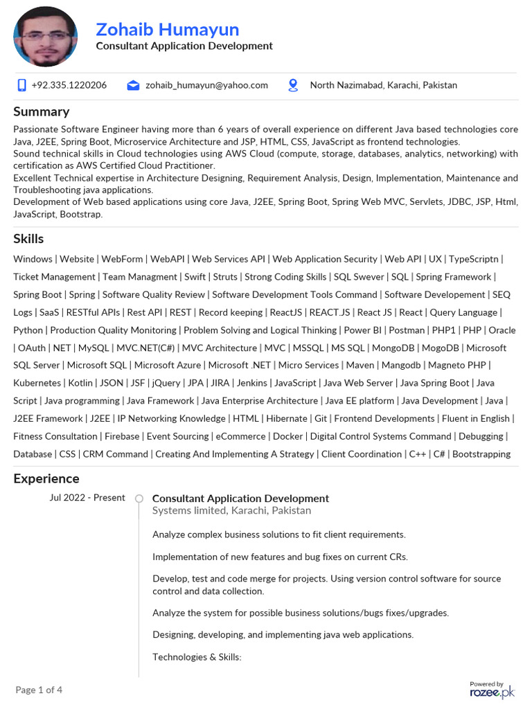 Rozee CV 181530574 4511842 Zohaib Humayun | PDF | Java (Programming Language) | Spring Framework