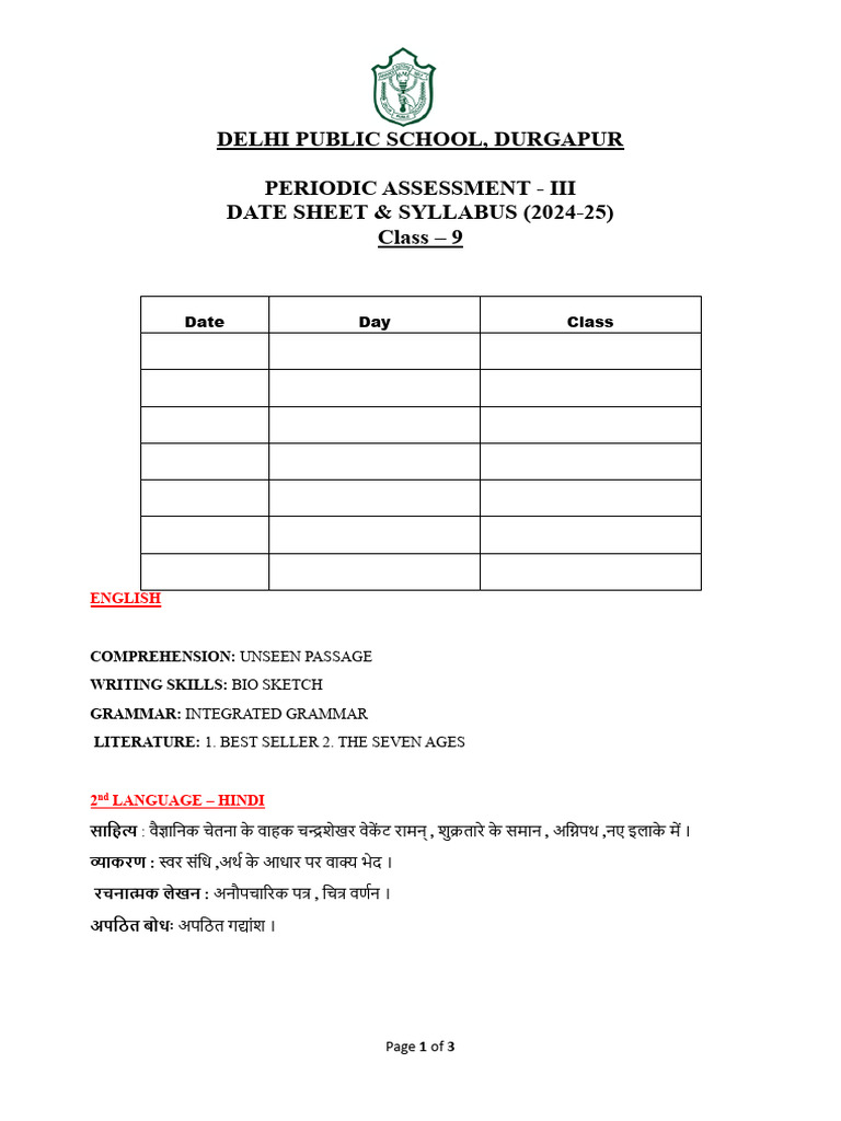 CLASS-9-PA-3-DATESHEET_&_SYLLABUS | PDF | Molecules | Chemistry