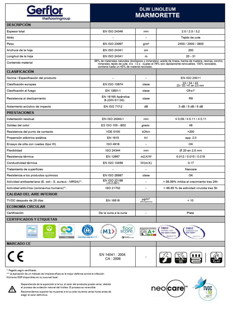 Ficha Técnica Marmorette Neocare-Gerflor | PDF
