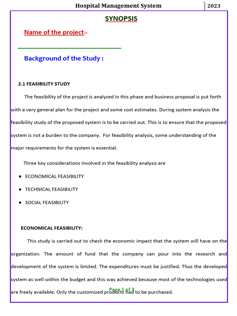 Synopsis Hospital | PDF | Floppy Disk | Feasibility Study