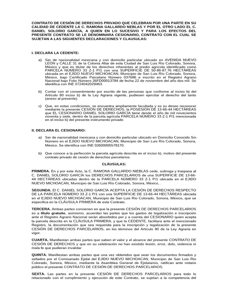 Contrato de Cesion de Derechos Daniel Solorio Garcia | PDF | México