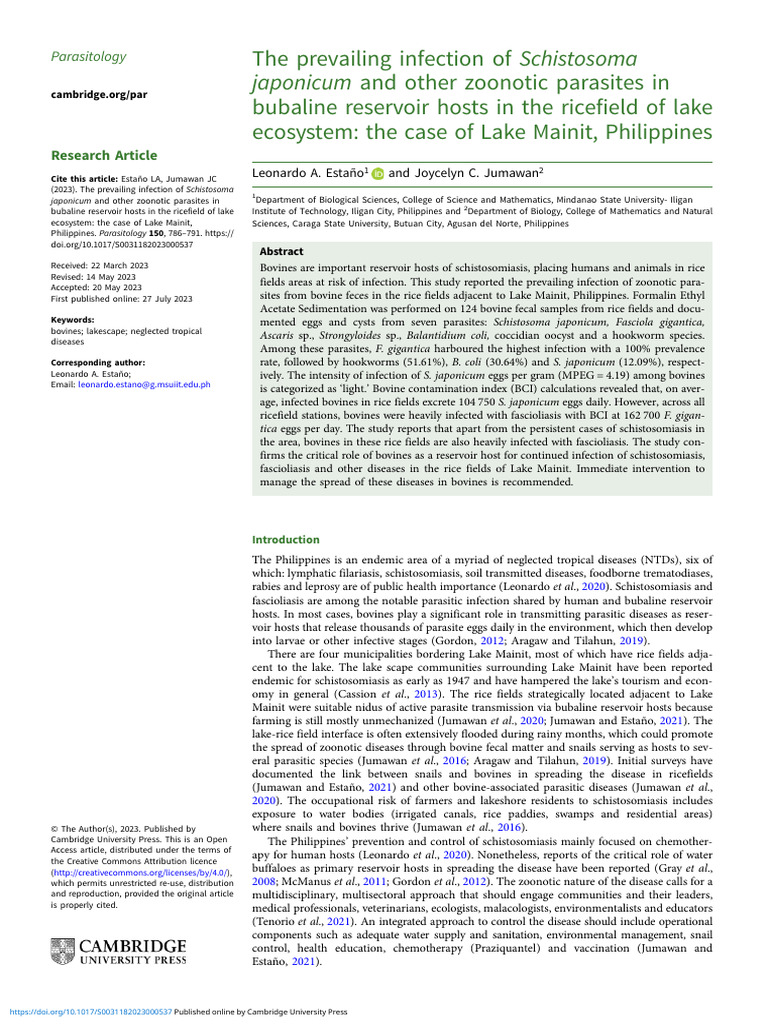 The Prevailing Infection of Schistosoma Japonicum and Other Zoonotic ...