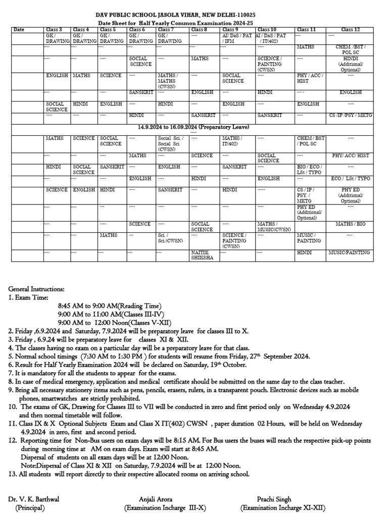 DAV School Half Yearly Exam Schedule 2024 | PDF
