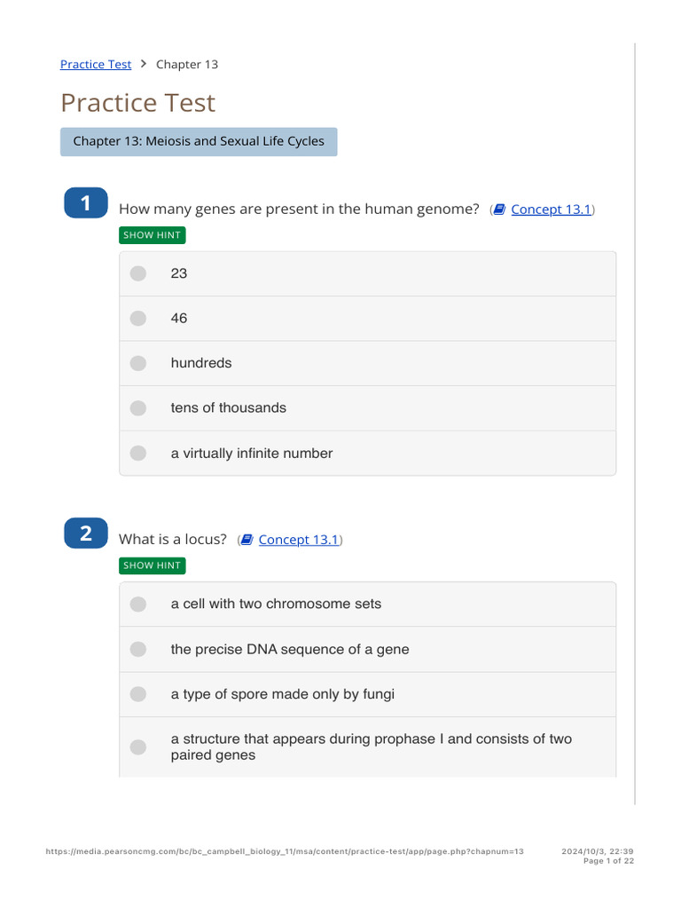 Practice Test | Chapter 13 | Urry et al., Campbell Biology, 11-e | PDF ...