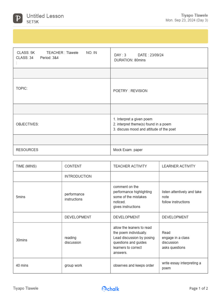 Tiyapo Tlawele - Planboard Lesson - Sep 23 2024 SET5K | PDF | Poetry | Learning