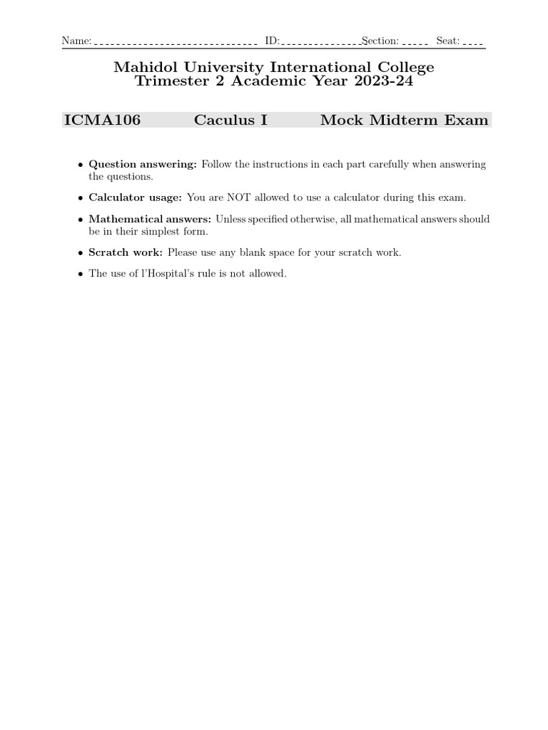 ICMA106 Mock Midterm Y2023T2 | PDF | Mathematics | Mathematical Analysis