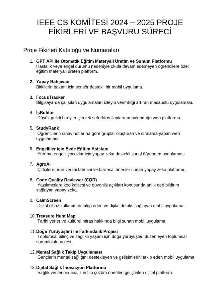 CS 2024 Mentör Proje Fikirleri | PDF