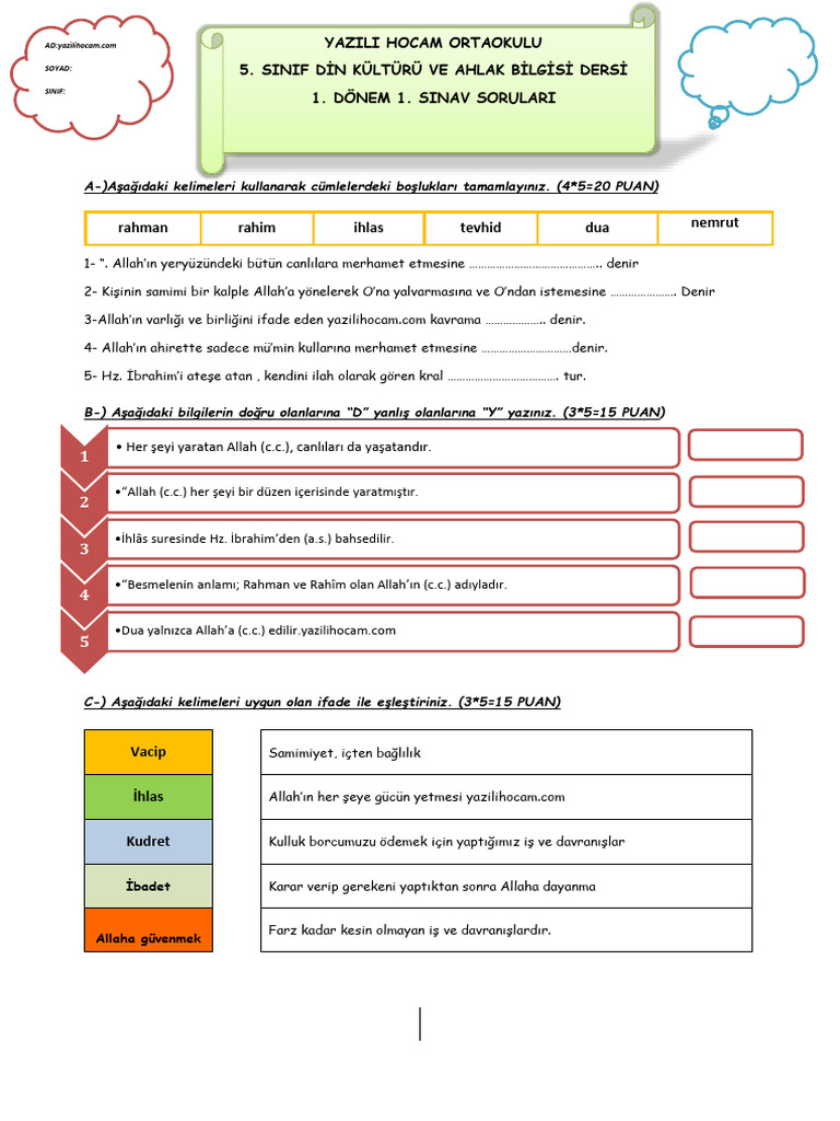 5.sinif Dkab 1.dönem 1.yazili Sorulari-1 | PDF