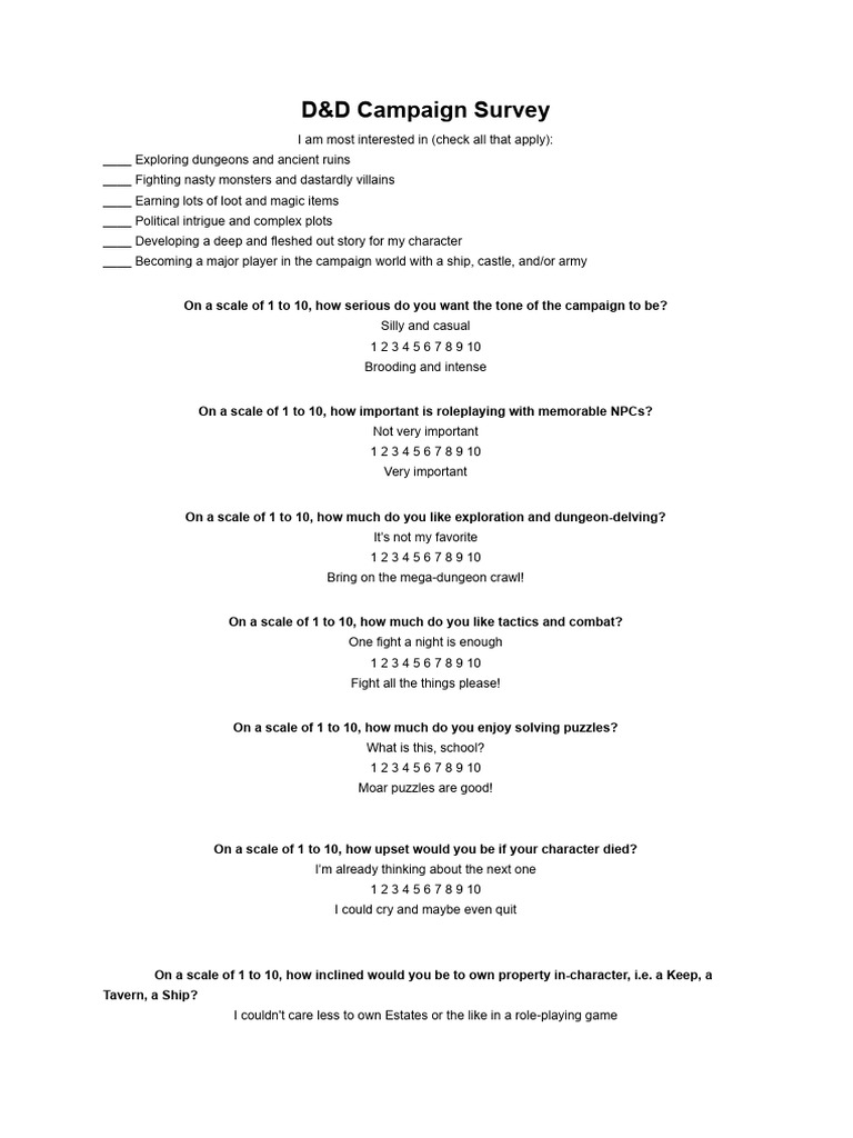 Copy of D&D Session Zero Survey | PDF | Magician (Fantasy) | Dungeons ...