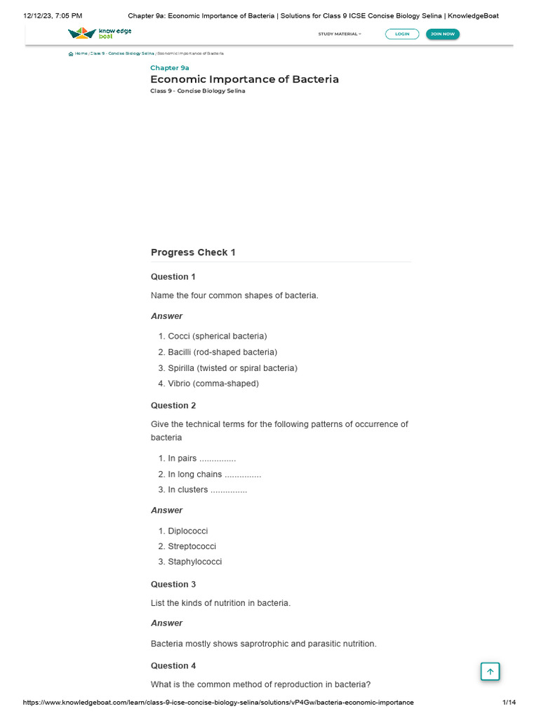 Chapter 9a - Economic Importance of Bacteria - Solutions For Class 9 ICSE Concise Biology Selina ...