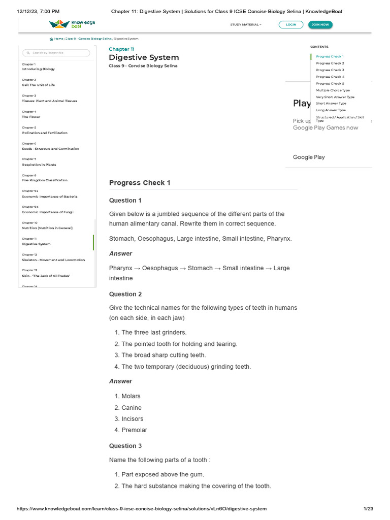 Chapter 11 - Digestive System - Solutions For Class 9 ICSE Concise Biology Selina ...