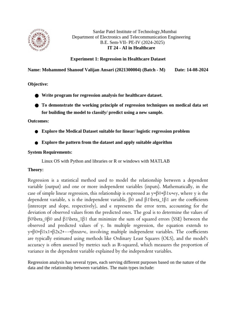 Experiment-1 | PDF | Regression Analysis | Linear Regression