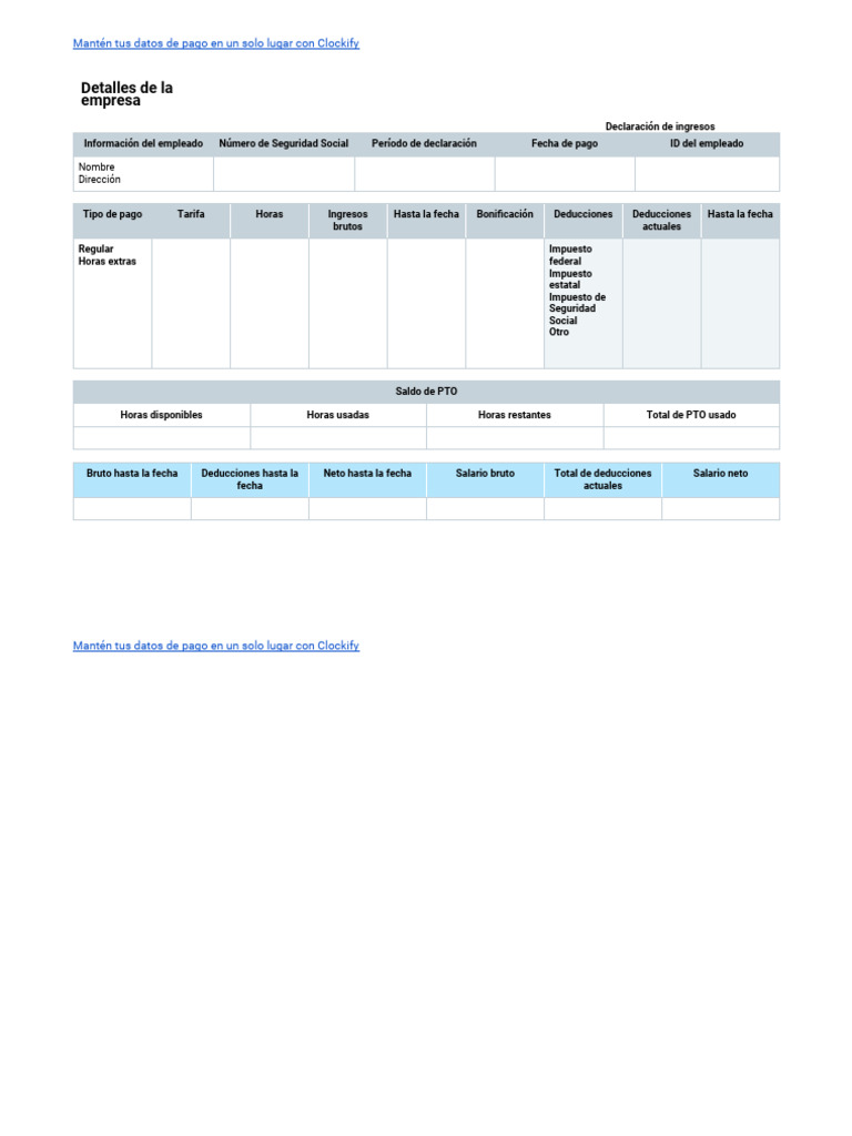 Plantilla de Recibo de Sueldo Con PTO y Horas Extras | PDF