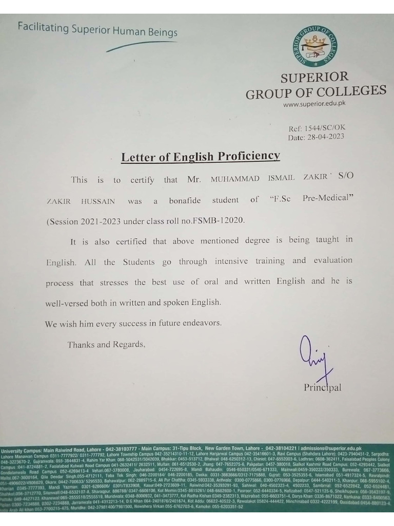English Proficiency Letter | PDF