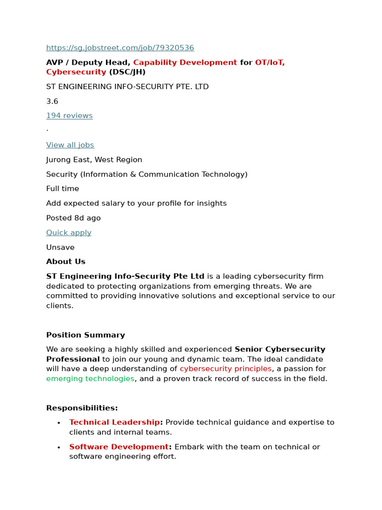 ST Engineering Deputy Head JD | PDF | Computer Security | Security