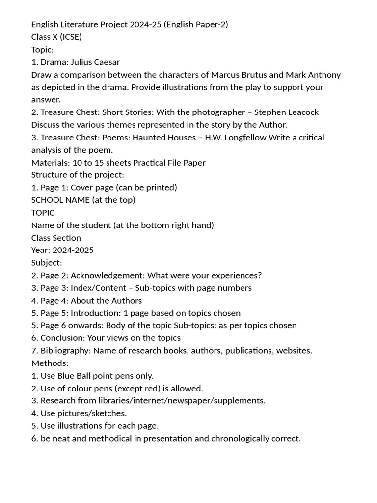 class-10-English Literature Project 2024-paper-2 | PDF