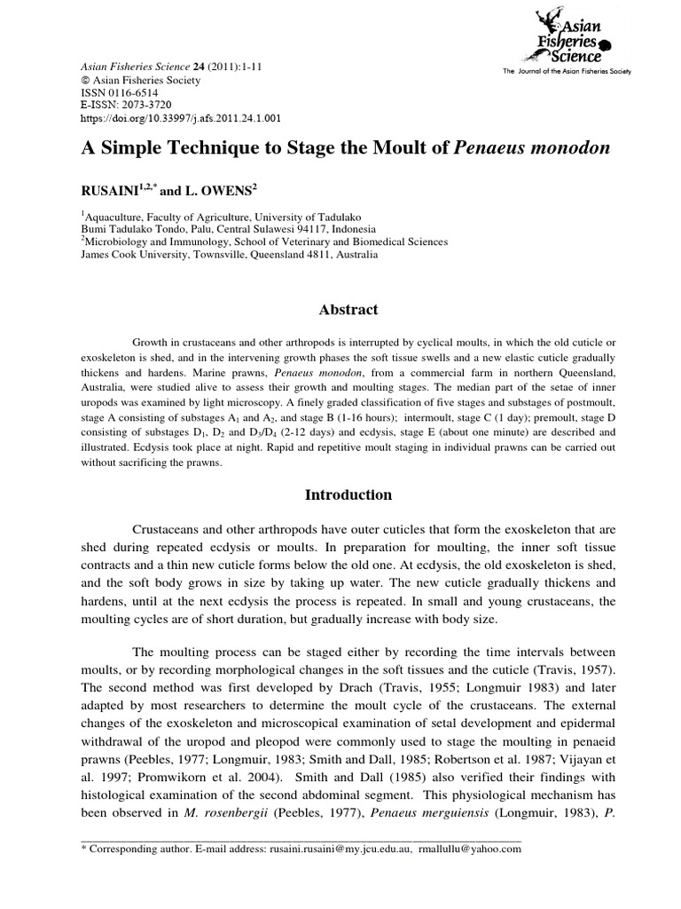 Moult Staging Technique for P. monodon | PDF | Science & Mathematics