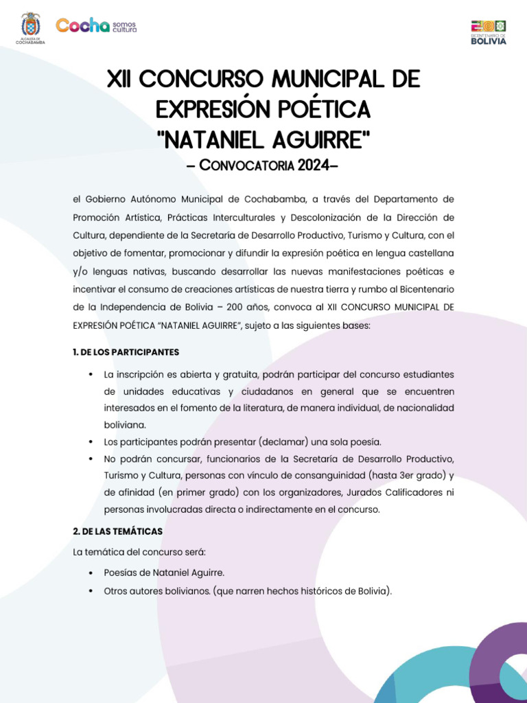 Xii Concurso Municipal Expresión Poética Nataniel Aguirre - Convocatoria 2024 | PDF