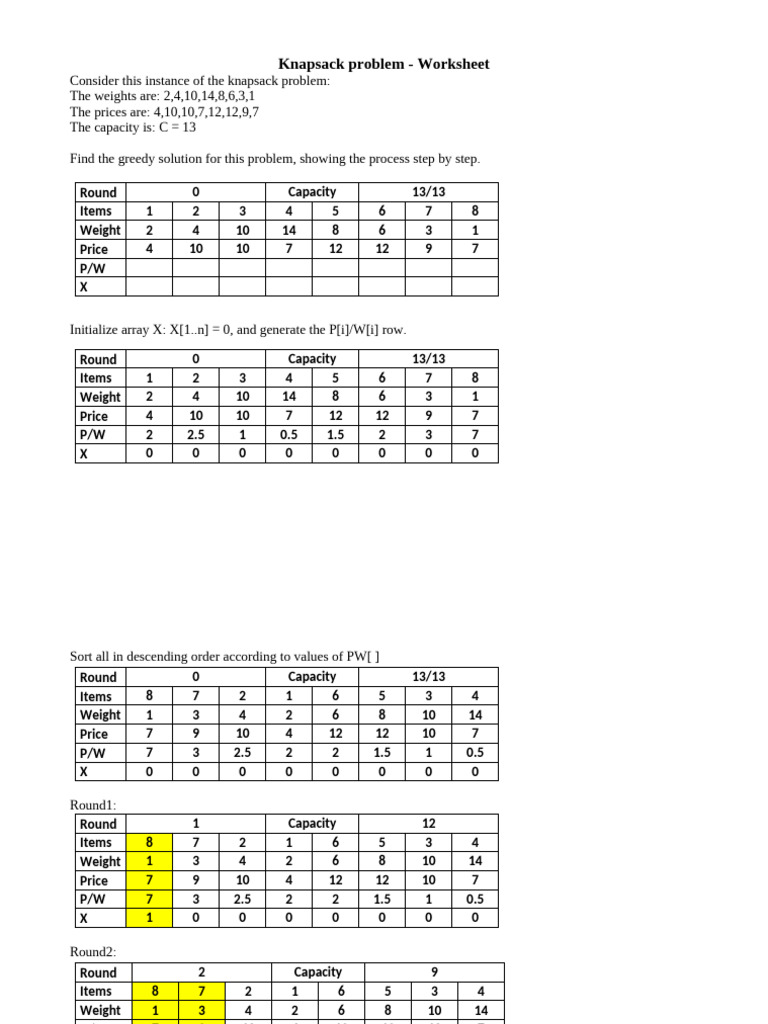 Knapsack Problem Worksheet | PDF | Algorithms And Data Structures | Algorithms