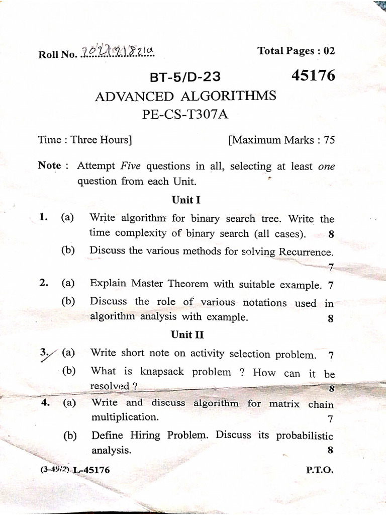 AA 2023 KUK Btech CSE | PDF