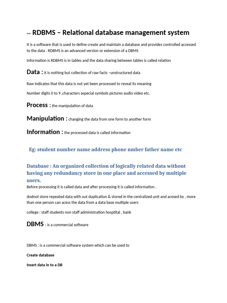 RDBMS Important Questions With Answers | PDF | Databases | Relational Database