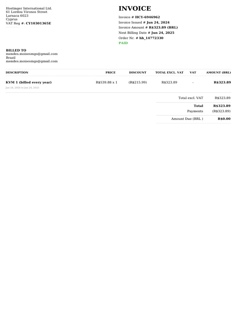 Billed To: Description Price Discount Total Excl. Vat VAT Amount (BRL ...