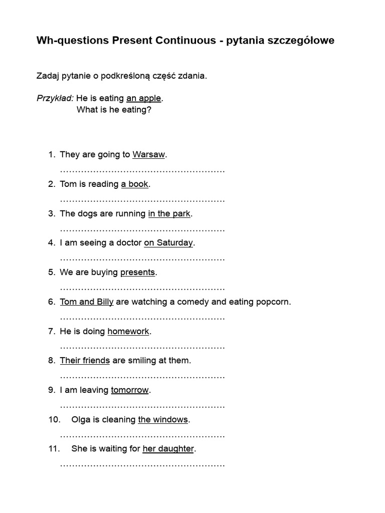 Wh Questions Present Continuous Pytania Szczegolowe | PDF