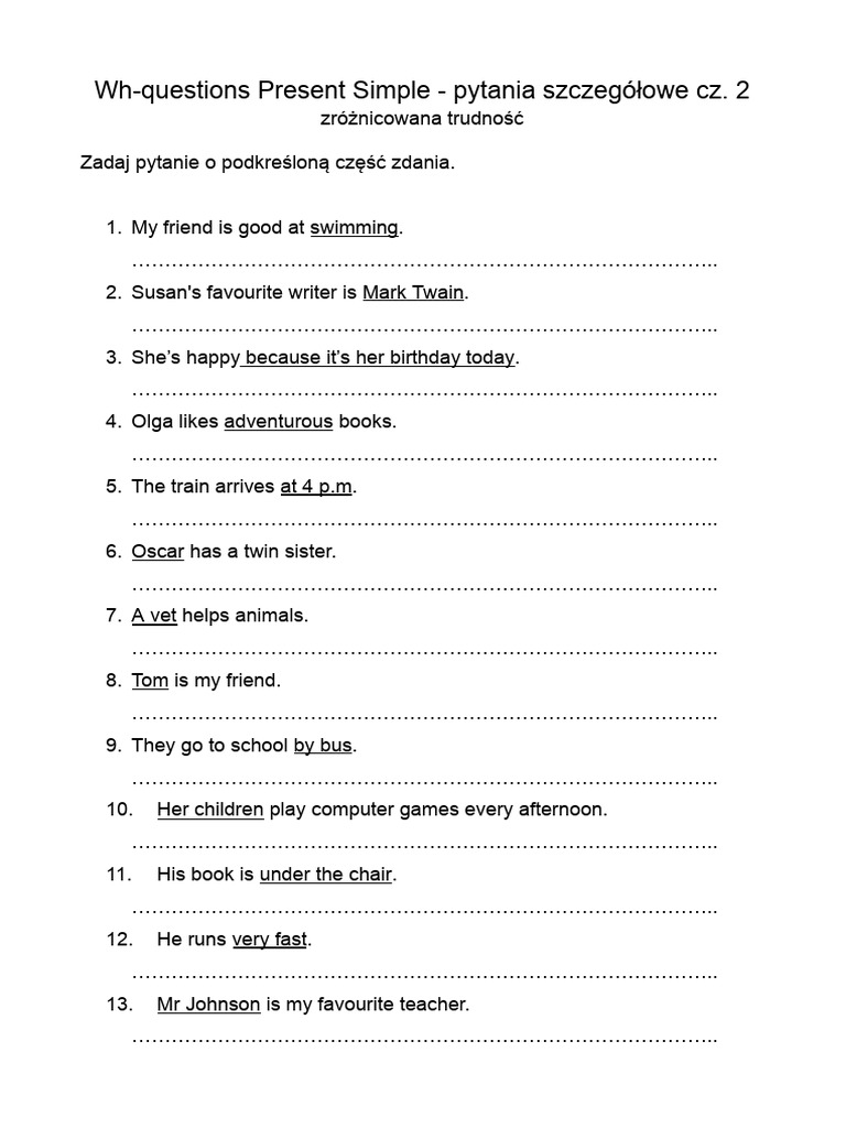 WH Questions Present Simple Pytania Szczegolowe Cz. 2 | PDF