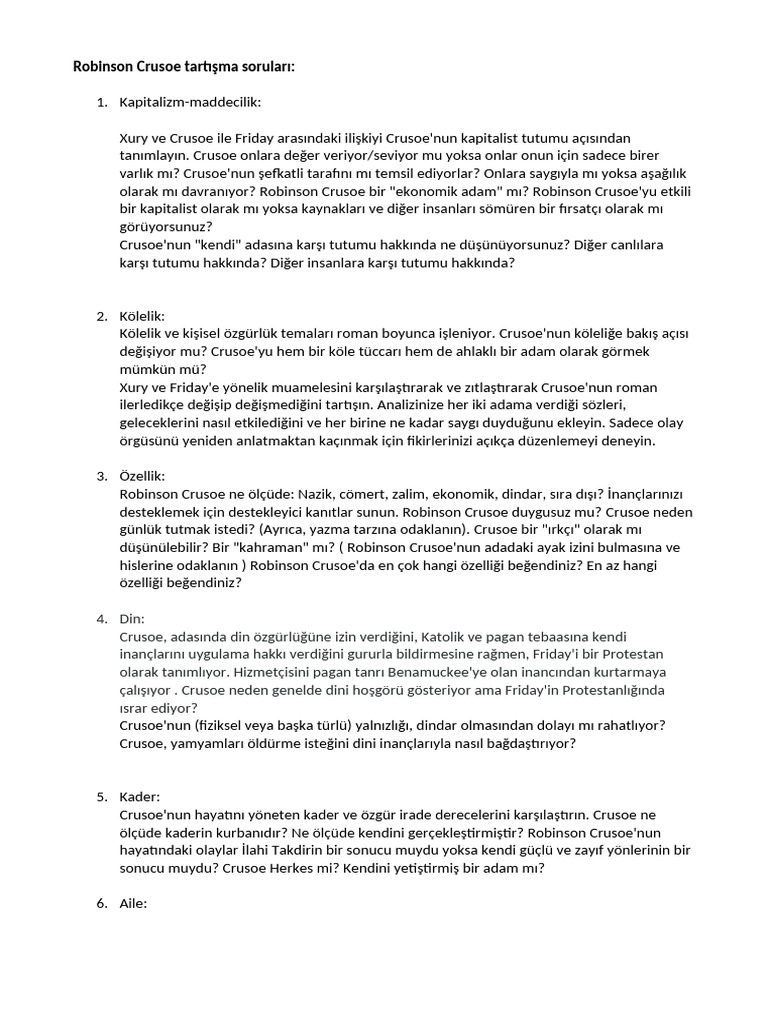 Robinson Crusoe Discussion Questions | PDF