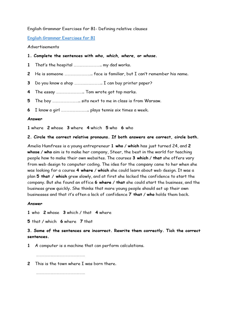 01 English Grammar Exercises For B1 Relative | PDF | English Grammar