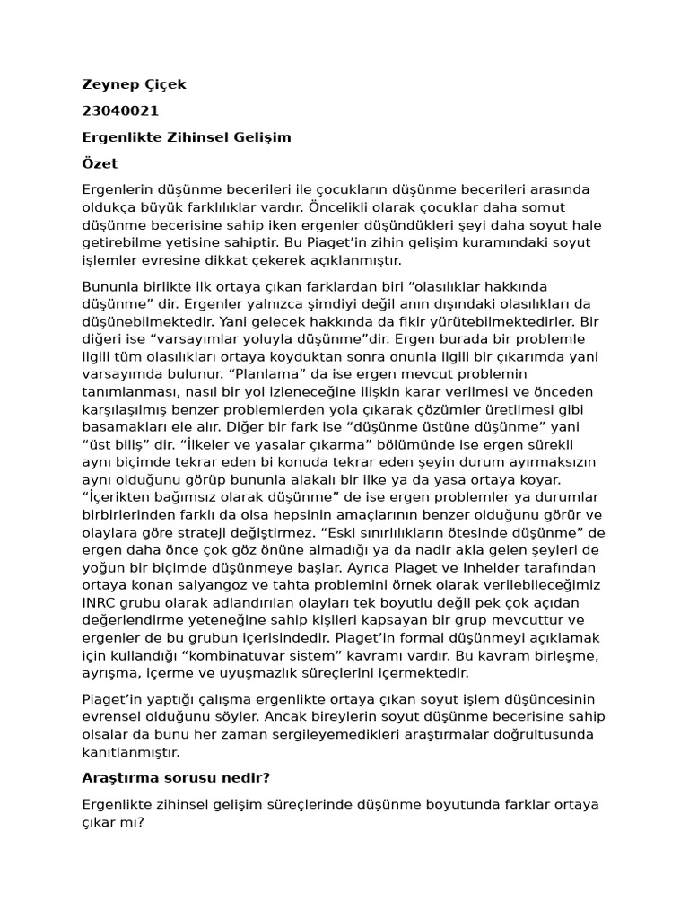 Ergenlerde Zihinsel Gelişim | PDF