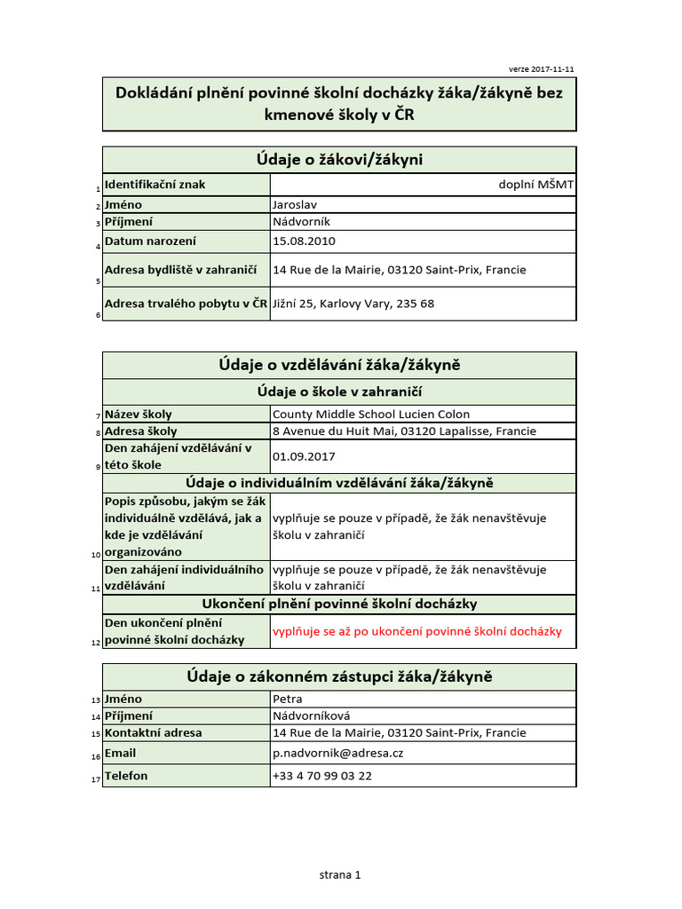 Formular Pro Rodice 2017-11 Vzor Vyplneni | PDF
