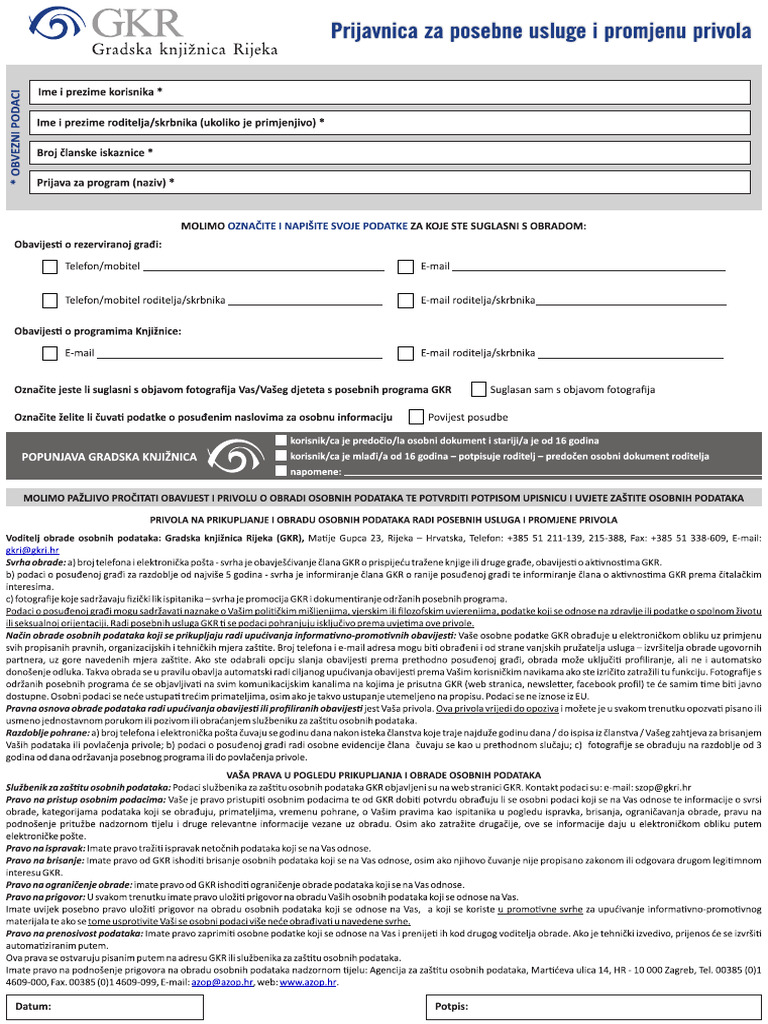 Prijavnica Za Posebne Usluge I Promjenu Privola | PDF