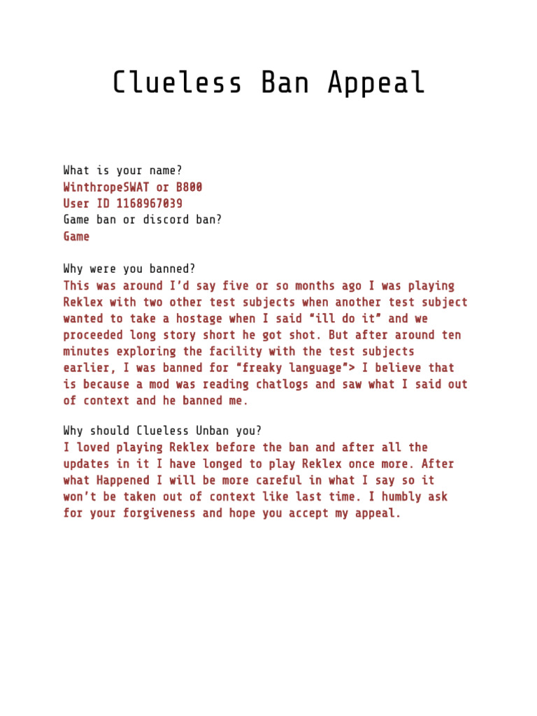 Clueless Ban Appeal | PDF