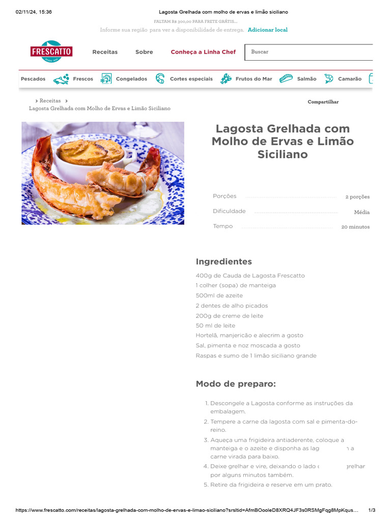 Lagosta Grelhada com Molho de Ervas | PDF | Fruto do mar | Culinária